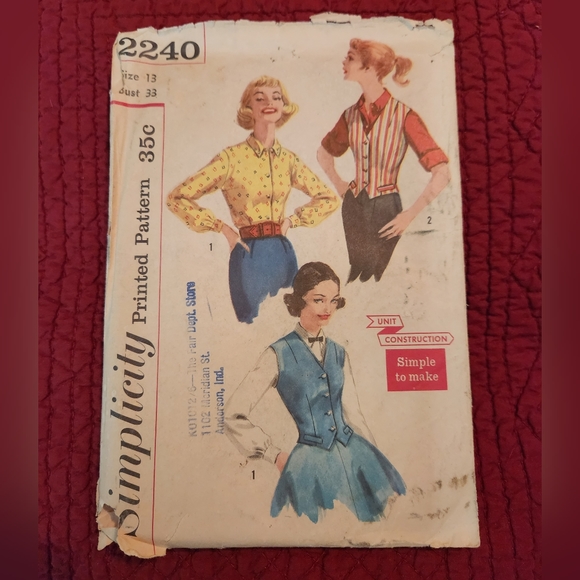 Simplicity | Other | Vintage 957 Simplicity Pattern 224 Size 13 Bust 33 ...